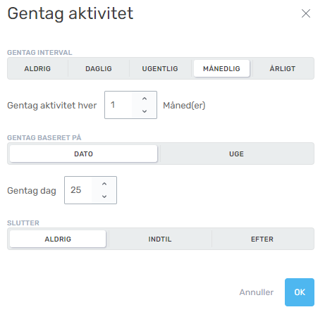 Opret, rediger og gentag aktiviteter i årshjulet – Plandisc